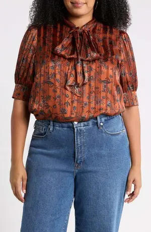 SUGARLIPS Leoben Floral Tie Neck Top - Brown-black