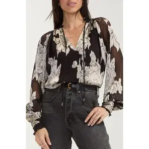 LIVERPOOL Floral Jacquard Chiffon Split Neck Top - Black Multi