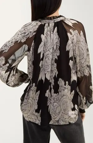 LIVERPOOL Floral Jacquard Chiffon Split Neck Top