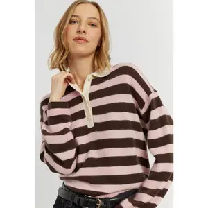 Chinti & Parker Merino Stripe Polo Top - Pink
