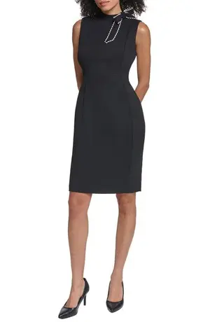 Karl Lagerfeld Paris Bow Embellished Scuba Sheath Dress - Black