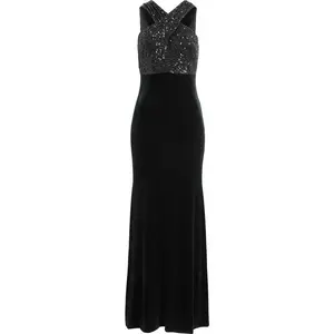 Eliza J Sequin Cross Neck Mixed Media Gown - Black