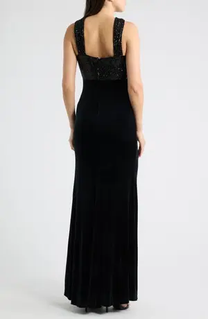 Eliza J Sequin Cross Neck Mixed Media Gown