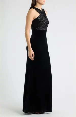Eliza J Sequin Cross Neck Mixed Media Gown