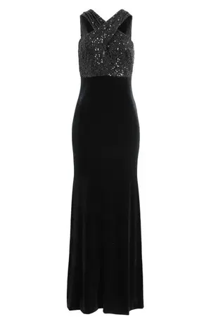 Eliza J Sequin Cross Neck Mixed Media Gown
