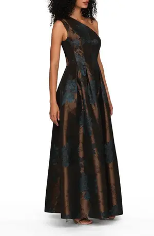 KAY UNGER Brynlee Metallic Floral Jacquard One-shoulder Gown