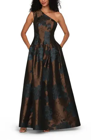 KAY UNGER Brynlee Metallic Floral Jacquard One-shoulder Gown