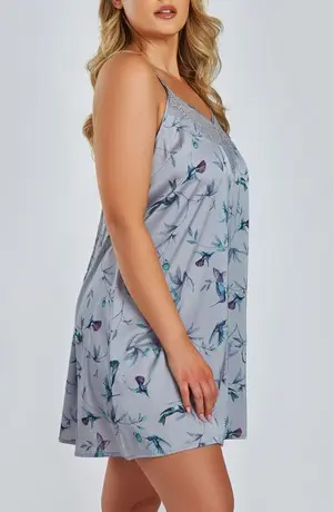 ICOLLECTION Elegant Hummingbird Print Satin Chemise With Lace Accent