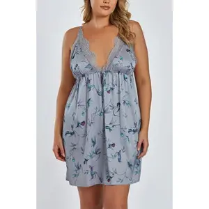 ICOLLECTION Hummingbird Print Satin Chemise With Laced Trimmed Plunge Neckline - Gray