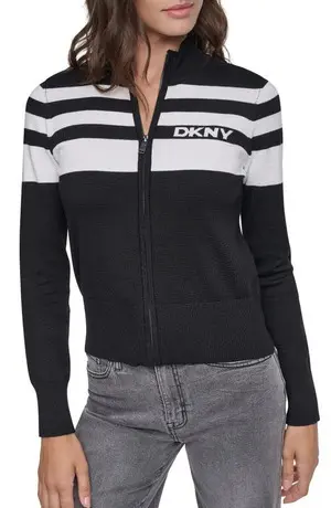 Dkny Placed Stripe Cotton Blend Zip Cardigan - Blk/ivy