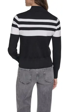Dkny Placed Stripe Cotton Blend Zip Cardigan - Blk/ivy