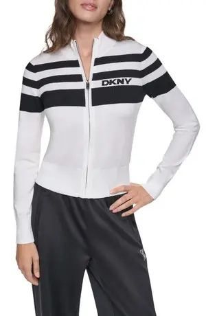 Dkny Placed Stripe Cotton Blend Zip Cardigan - Ivory/blac