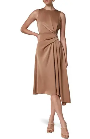 Donna Karan New York Side Draped Asymmetric Hem Stretch Satin Dress - Camel