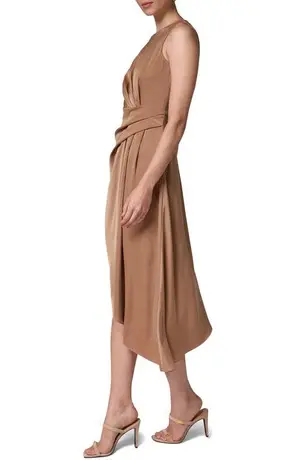 Donna Karan New York Side Draped Asymmetric Hem Stretch Satin Dress - Camel