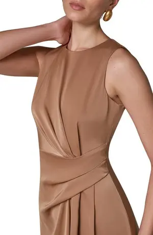 Donna Karan New York Side Draped Asymmetric Hem Stretch Satin Dress - Camel
