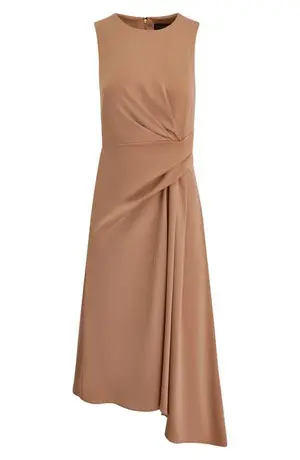 Donna Karan New York Side Draped Asymmetric Hem Stretch Satin Dress - Camel