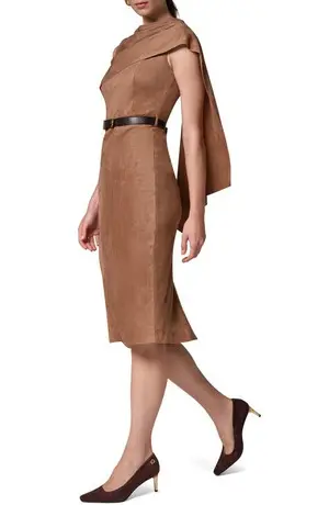 Donna Karan New York Shoulder Drape Faux Suede Sheath Midi Dress