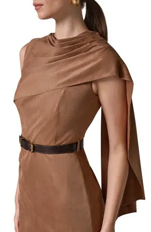 Donna Karan New York Shoulder Drape Faux Suede Sheath Midi Dress