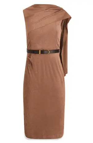 Donna Karan New York Shoulder Drape Faux Suede Sheath Midi Dress