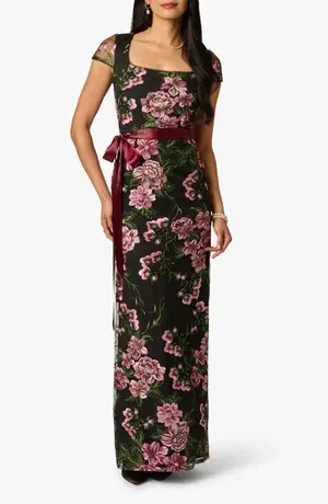 Adrianna Papell Embroidered Floral Column Gown With Ribbon Tie Belt - Black Multi