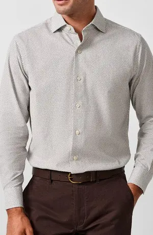 David Donahue Geometric Print Cotton Shirt - Dune/navy