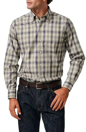 David Donahue Plaid Pima Cotton Button Up Shirt - Dune/navy
