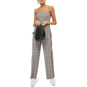 Topshop Sleeveless Check Stripe Jumpsuit - Grey Multi