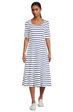 LANDS' END Starfish Elbow Sleeve Midi Fit And Flare Dress - Ivory/lapis Spaced Stripe