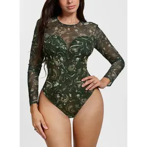 POPILUSH All-in-one Paisley Mesh Long Sleeve Built-in Shapewear Bodysuit - Moss