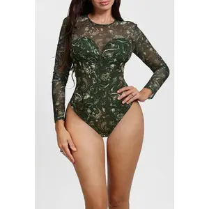 POPILUSH All-in-one Paisley Mesh Long Sleeve Built-in Shapewear Bodysuit - Moss
