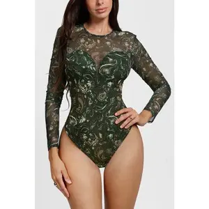POPILUSH All-in-one Paisley Mesh Long Sleeve Built-in Shapewear Bodysuit - Moss