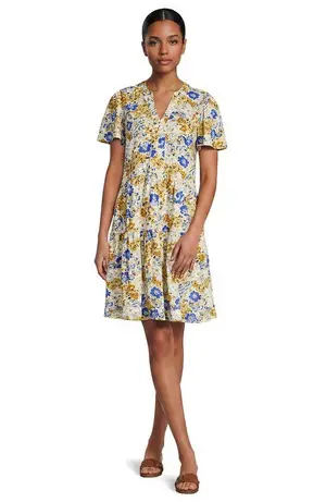 LANDS' END Cotton Jersey Tiered Mini Dress - Soft Citrus/blue Flower Patch