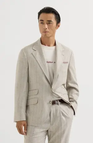 Brunello Cucinelli Striped Cashmere And Silk Diagonal Flannel Deconstructed Cavallo Blazer With Metal Buttons - Grey