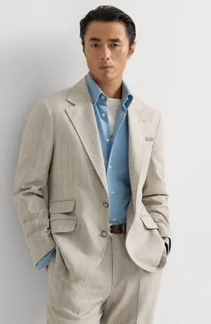 Brunello Cucinelli Striped Cashmere And Silk Diagonal Flannel Deconstructed Cavallo Blazer With Metal Buttons - Grey