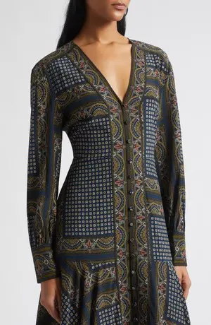 Veronica Beard Skye Tile Print Long Sleeve Handkerchief Hem Silk Blend Shirtdress
