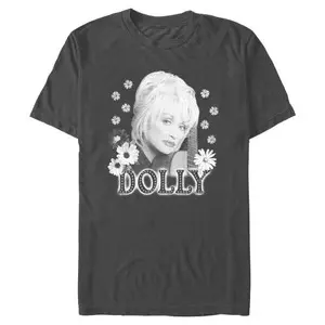 DOLLY PARTON Distressed Daisies Portrait Short Sleeve T-shirt - Charcoal