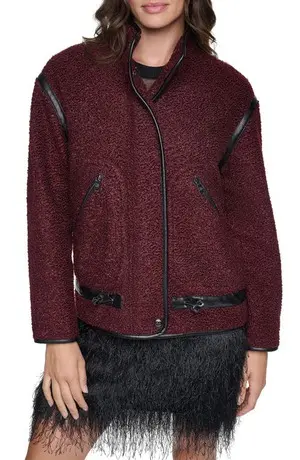 Dkny Boucle Jacket With Faux Leather Trim - Cabernet