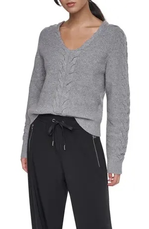 Dkny Cable Knit V-neck Sweater Feather Heather