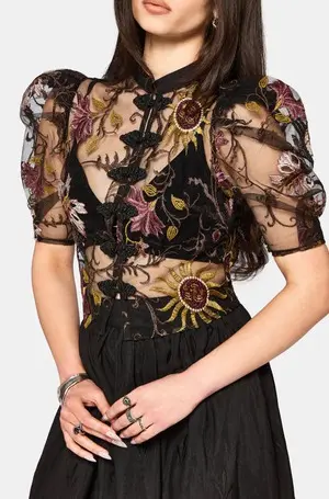DISTURBIA Angela Folk Embroidered Blouse - Black