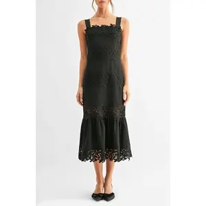 Adelyn Rae Davina Embroidered Lace Detail Midi Dress - Black