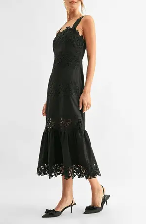Adelyn Rae Davina Embroidered Lace Detail Midi Dress - Black