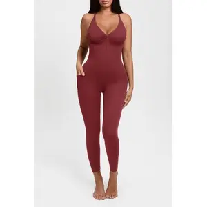 POPILUSH Shapewear Zip Front Deep V Adjustable Strap Jumpsuit - Brick Red