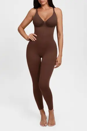 POPILUSH Shapewear Zip Front Deep V Adjustable Strap Jumpsuit - Chocolate