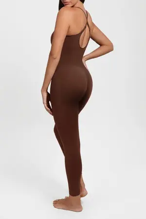 POPILUSH Shapewear Zip Front Deep V Adjustable Strap Jumpsuit - Chocolate