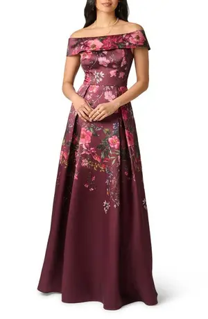 Adrianna Papell Off Shoulder Garden Floral Mikado Ballgown - Burgundy Multi