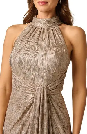 Adrianna Papell Crinkle Metallic Draped Stretch Halter Gown