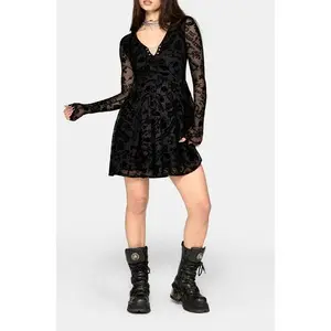DISTURBIA Sanct Flocked Long Sleeve Mini Dress - Black