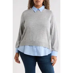 SUGARLIPS Azira Mixed Media Layered Sweater - Light Grey Multi