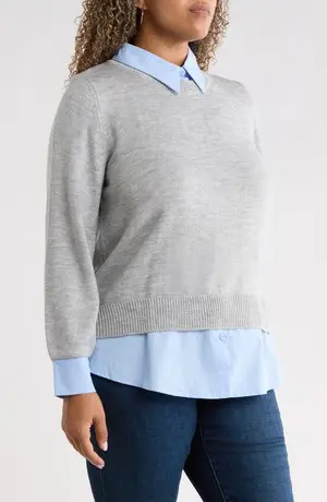 SUGARLIPS Azira Mixed Media Layered Sweater - Light Grey Multi