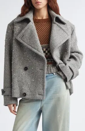 GOLDEN GOOSE Crystal Embellished Wool Short Trench Coat